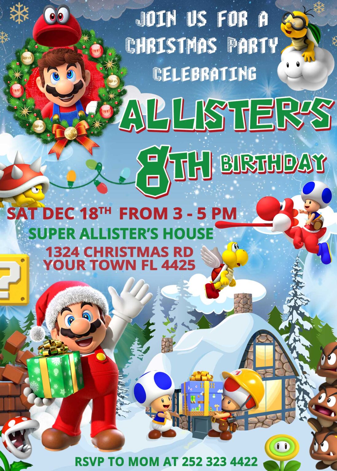 Super Mario Christmas Birthday Invitation | Fantastic Invite