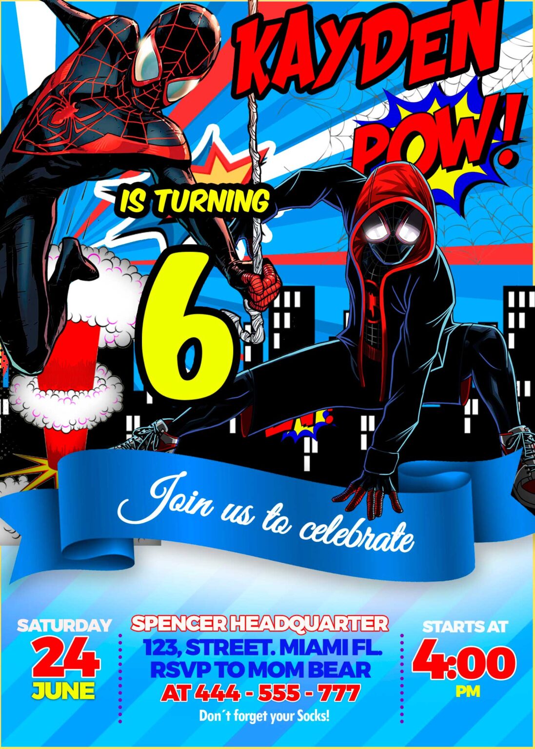 Spider-Man Miles Morales Birthday Invitation for boy