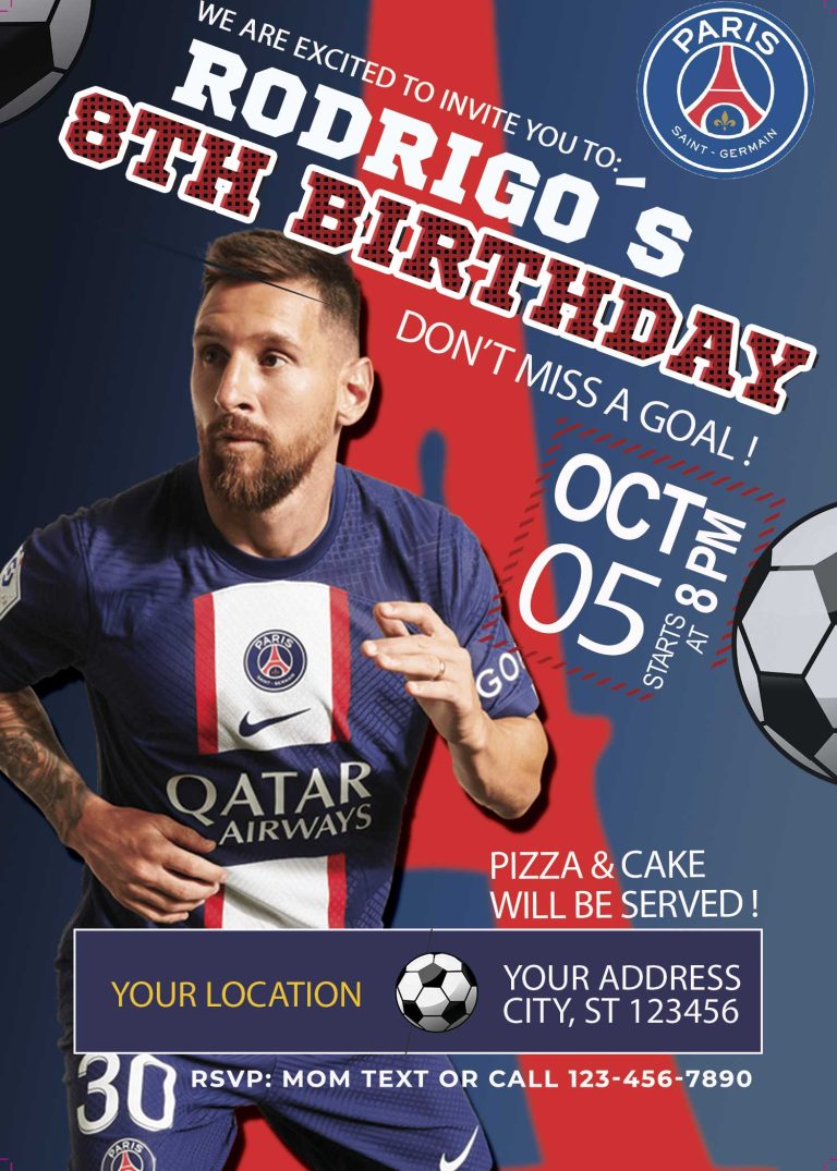 MESSI PSG Birthday Invitation | FREE Backside | 24H Ready