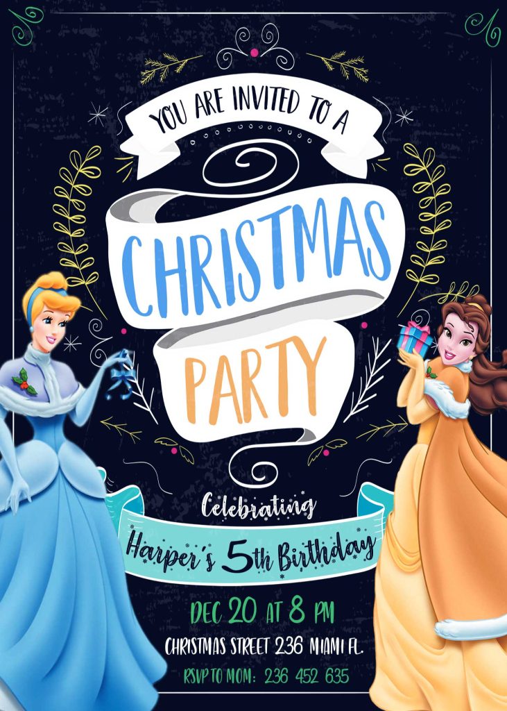DISNEY PRINCESS Christmas Birthday Invitation | FREE Backside | 24H Ready