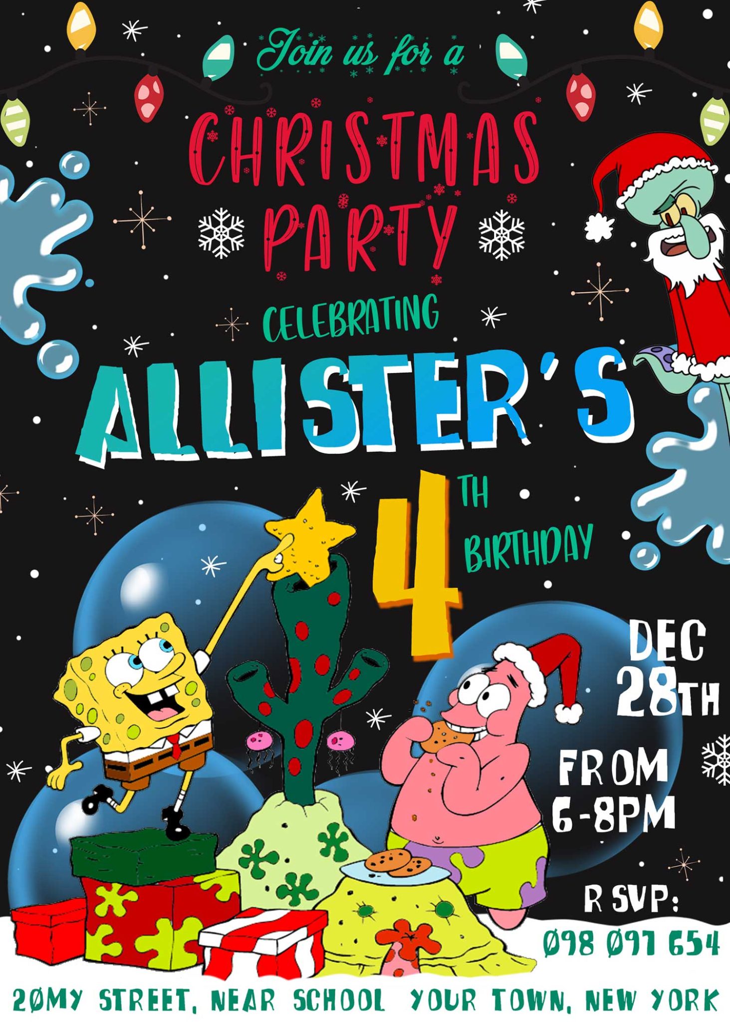 SPONGEBOB Christmas Birthday Invitation | FREE Backside | 24H Ready