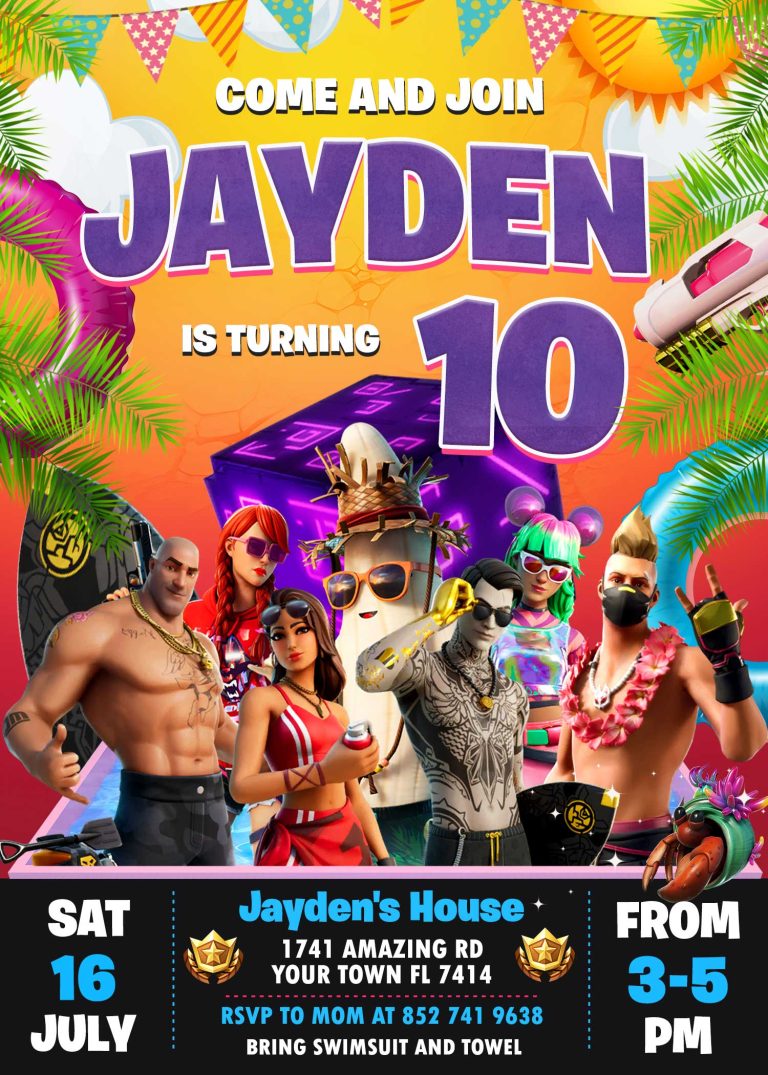 Fortnite Pool Party Invitation | FREE Backside | 24H Ready