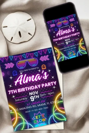 Editable Neon Glow Party Birthday Invitation Template | Fantastic Invite