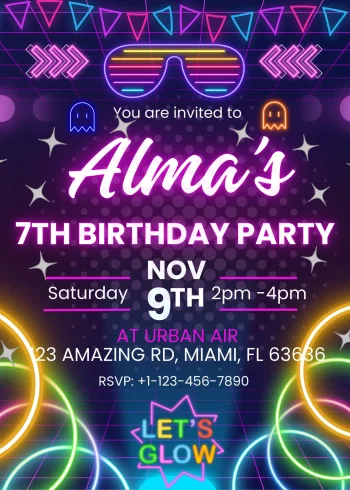 Editable Neon Glow Party Birthday Invitation Template | Fantastic Invite
